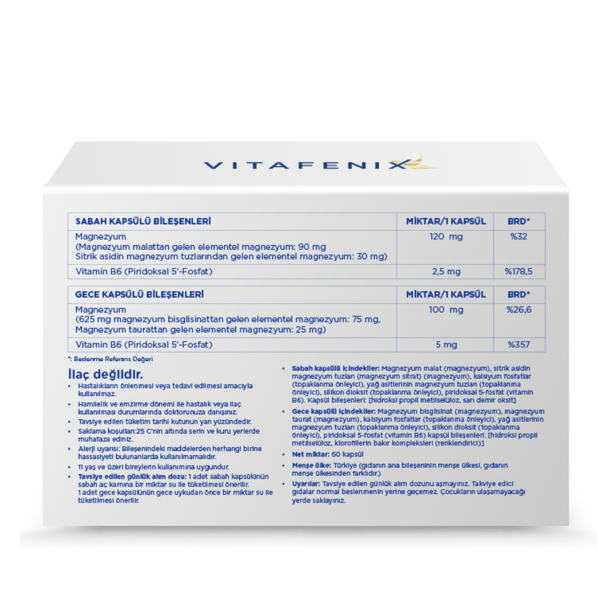 Vitafenix Magna P Magnezyum Ve Vitamin B6 İçeren Kapsül Takviye Edici Gıda